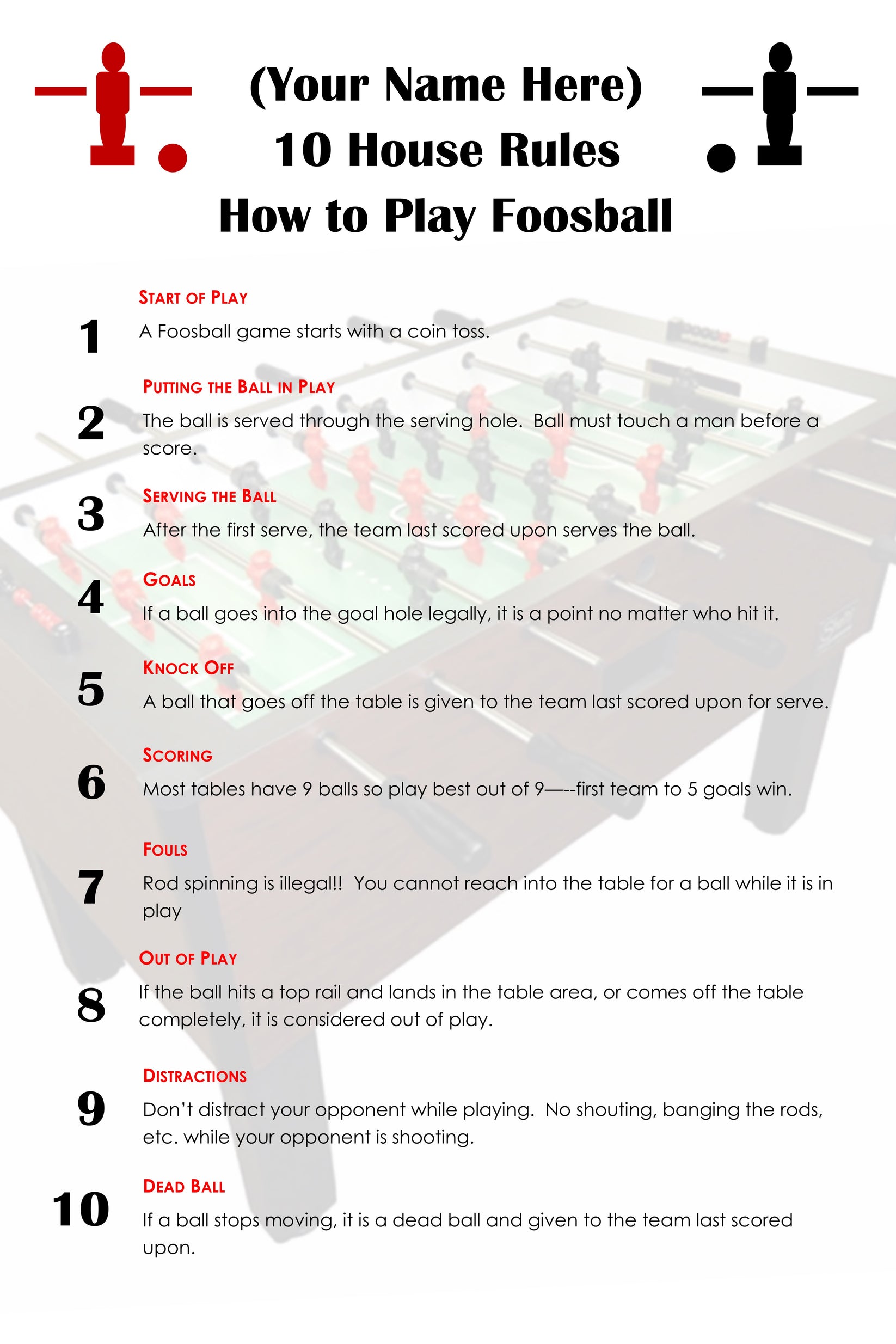 Personalized Foosball 10 House Rules Custom Art Poster - Personalized ...