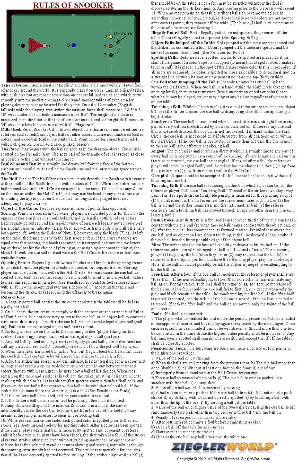 Snooker Billiard Pool Table Rules – ZieglerWorld